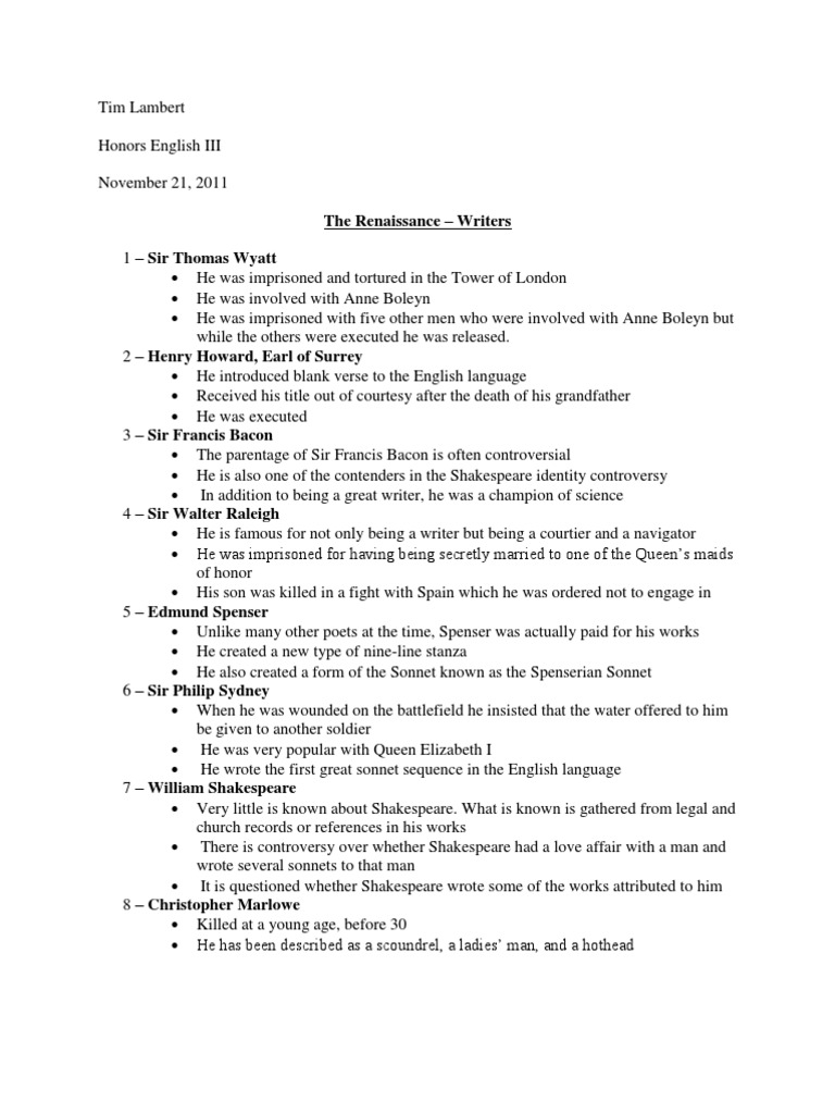 Renaissance Writers Worksheet | English Literature | English Poetry