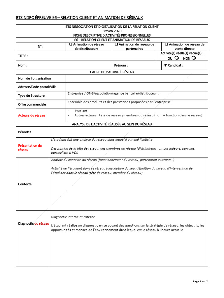 Fiche E6 BTS NDRC : Animation Réseau | PDF | Business