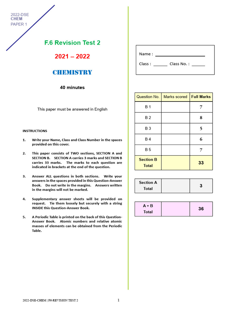 2021 22 F6 ReVision - Test - 2 | PDF | Chemical Equilibrium | Chemical ...