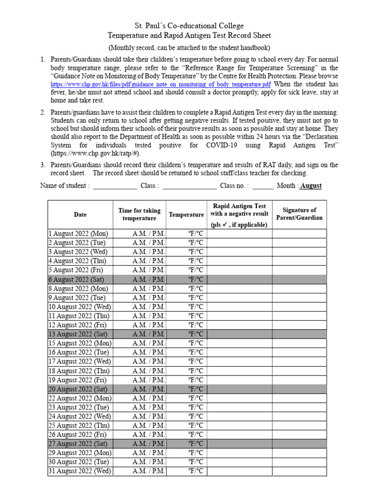 Temperature_&_RAT_Record_Sheet_Aug_2022 | PDF | Medical Tests | Immunology