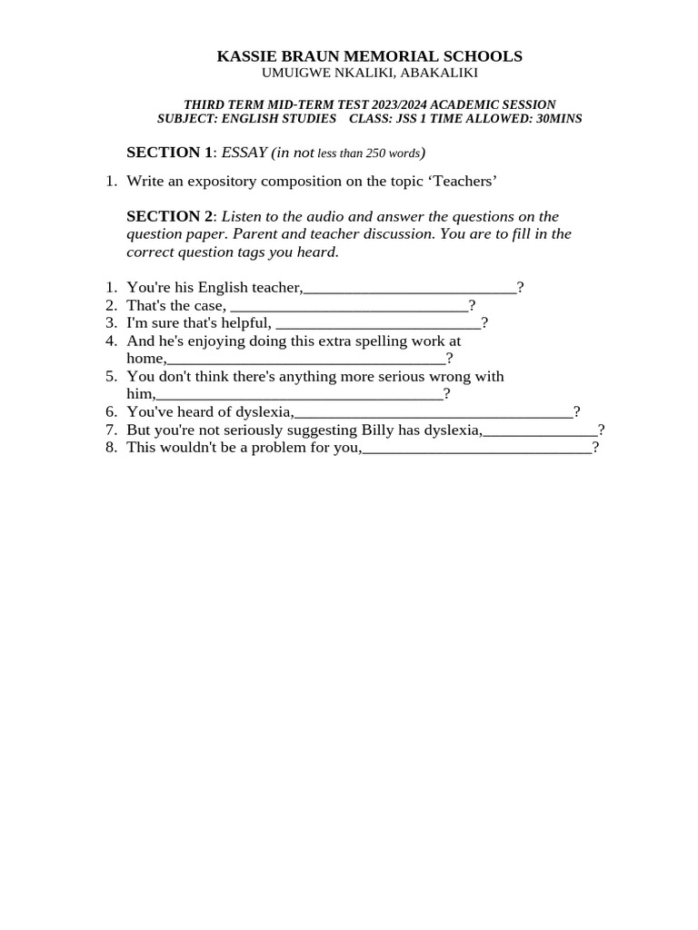 JSS1 Third Term English Exam Questions | PDF