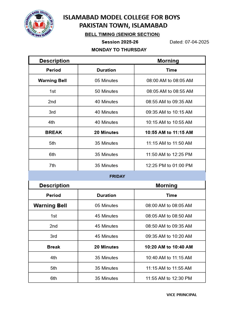 Bell Timing SENIOR Section 2025-26 | PDF