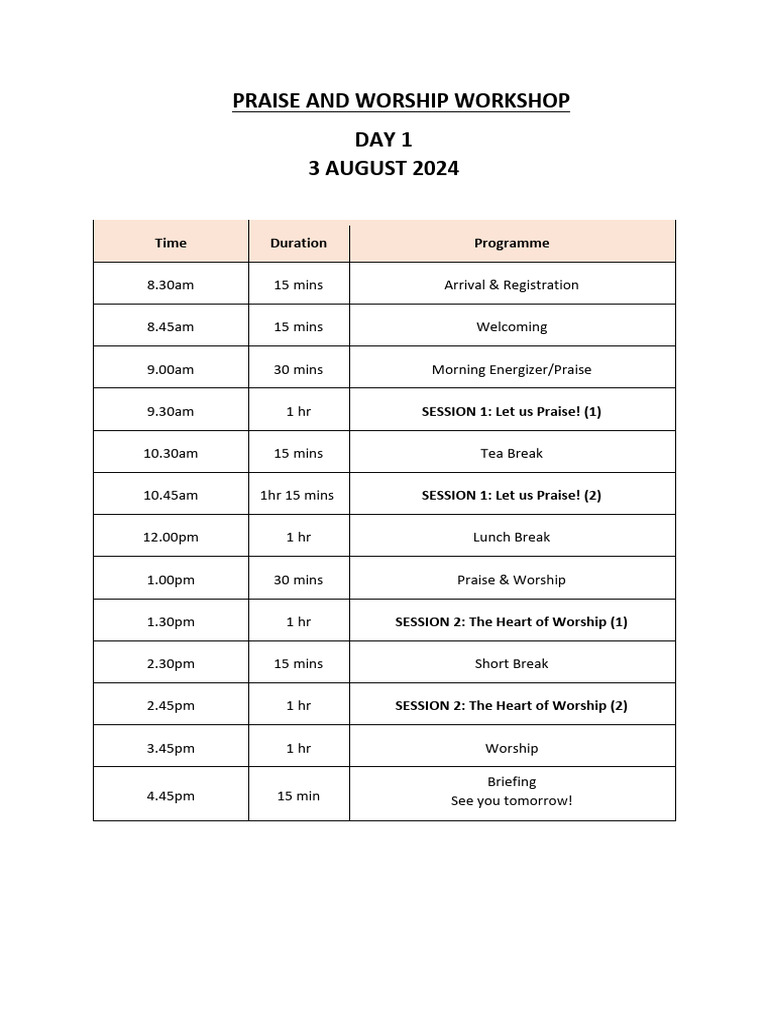 Praise and Worship Workshop Agenda | PDF
