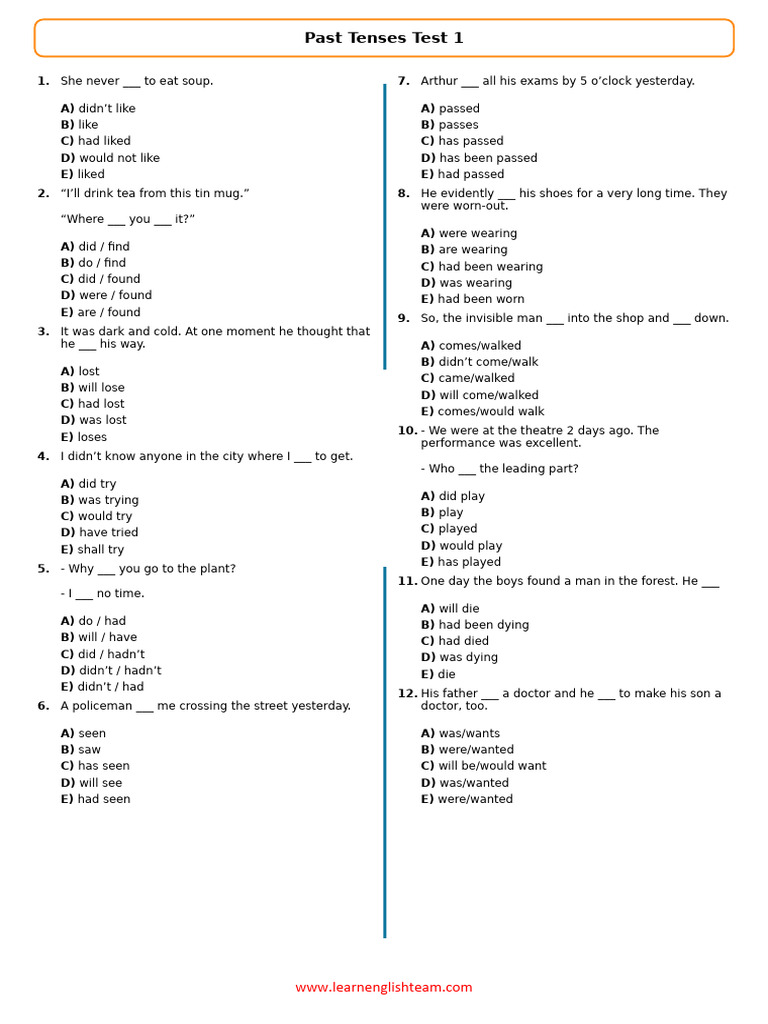 Past Tenses Test 1 - Learnenglishteam - Com | PDF