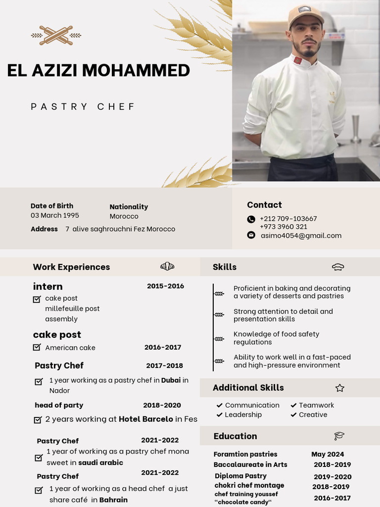 Simple Modern Elegant Pastry and Bakery Chef CV Resume | PDF