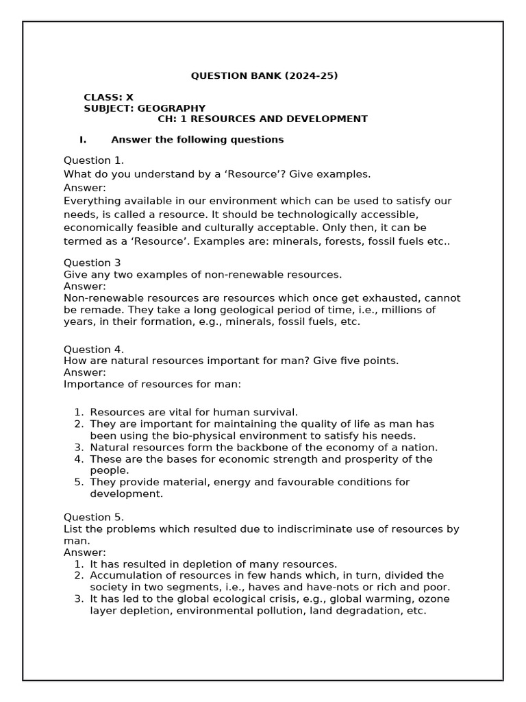Class 10 Resources and Development Question Bank 2021-22 | PDF | Soil ...