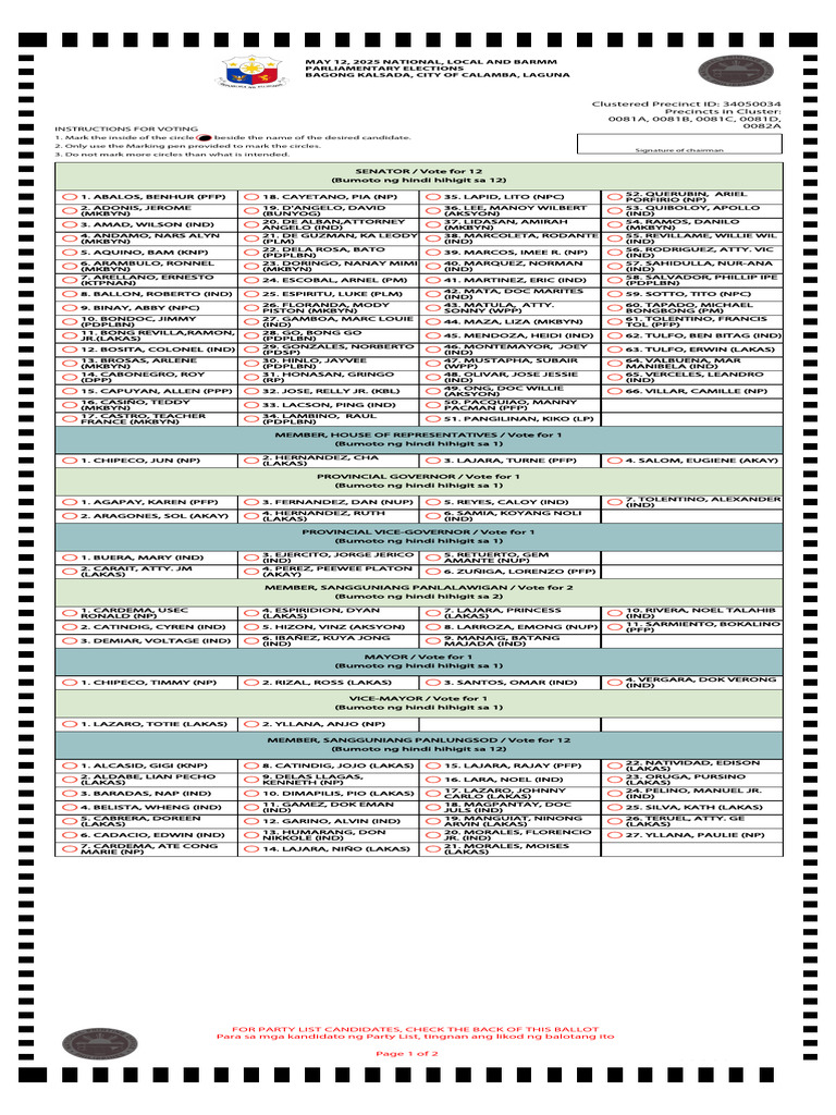 Calamba 2025 Election Candidates List | PDF | Philippines | Elections