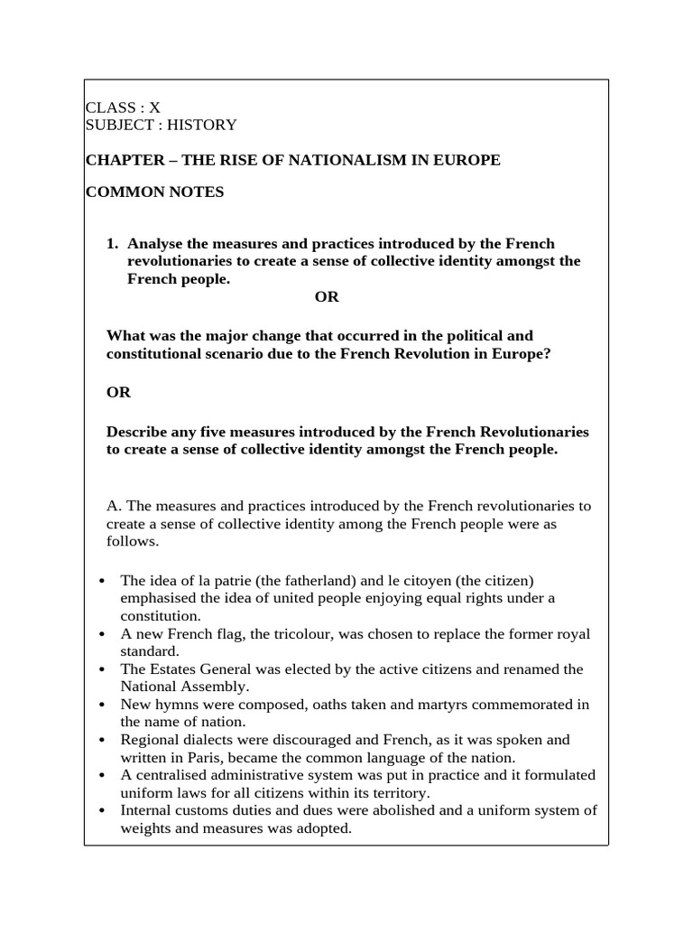 The Rise of Nationalism in Europe - Common Notes Class X | PDF ...
