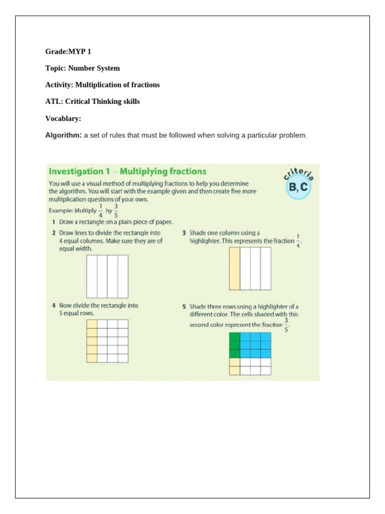 Mathematics Multiplication of Fraction UP1 MYP1A Deepti Chauhan 2021-22. | PDF