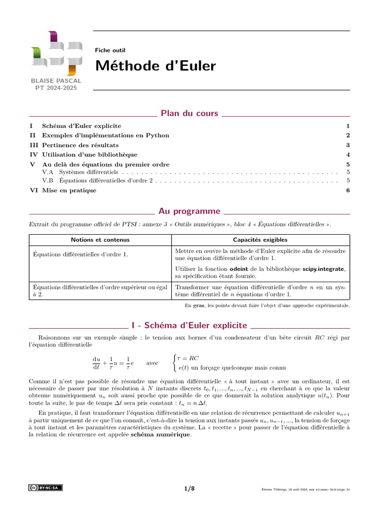 Fiche-Outil Euler | PDF | Équation différentielle ordinaire | Équations différentielles