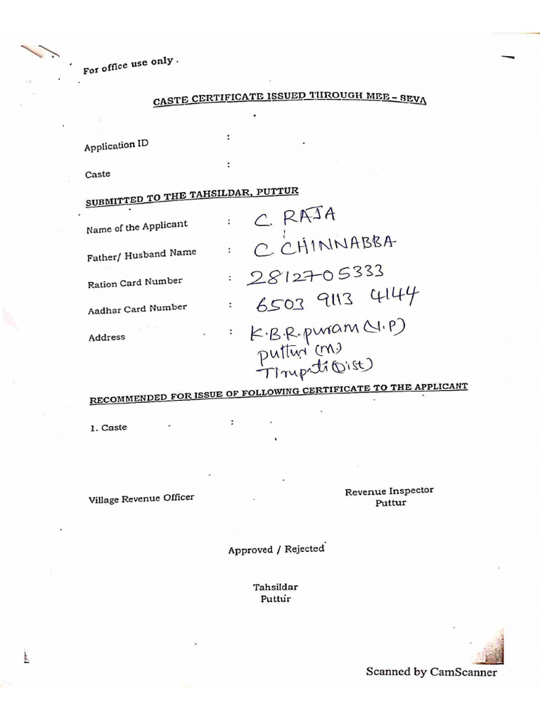 C RAJA Caste Certificate | PDF