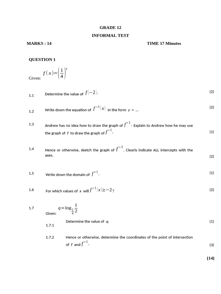 Informal Test Grade 12 Term 1 ( Functions ) | PDF | Mathematical ...