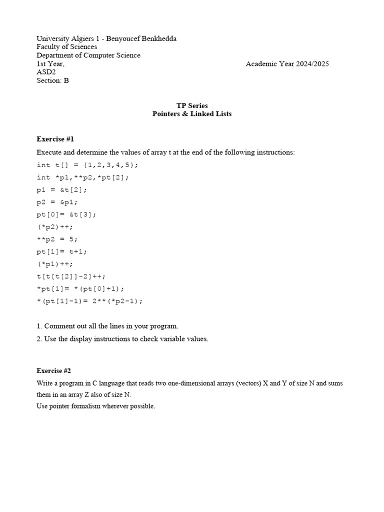 Serie TP Pointers-Linked Lists - en | PDF