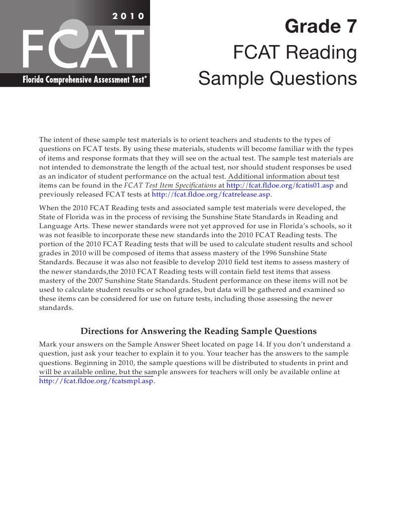 FCAT Reading Sample Questions: Grade 7 | PDF