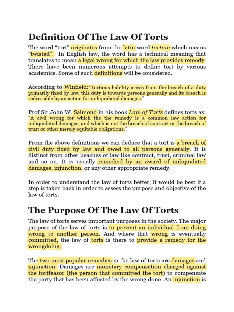 Definition, Purpose and Objectives of Law of Torts | PDF | Tort | Damages