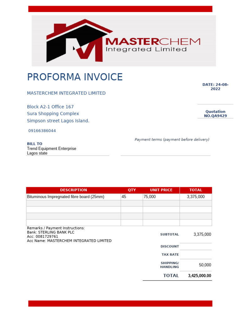 Proforma Invoice for Bituminous Board | PDF