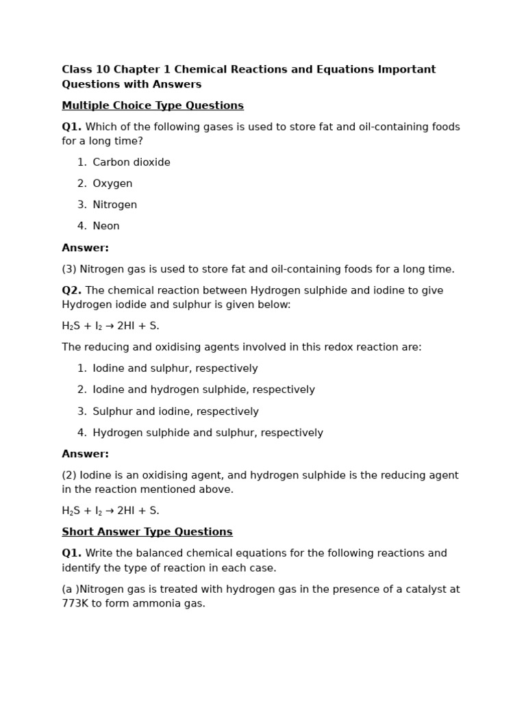 Class 10 Chemical Reactions MCQs and Answers | PDF | Chemical Reactions ...