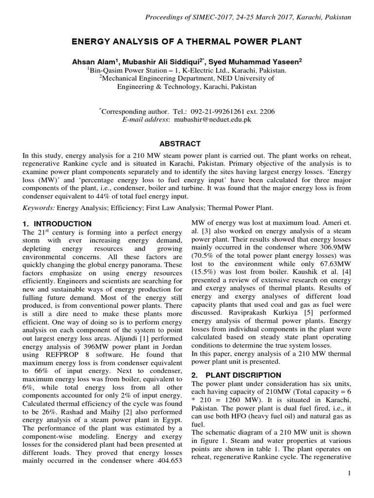 Energy Analysis of A Thermal Power Plant | PDF | Power Station | Thermodynamics