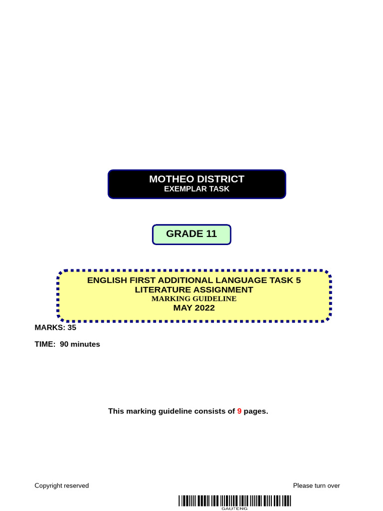 Grade 11 Literature Assignment Memo | PDF