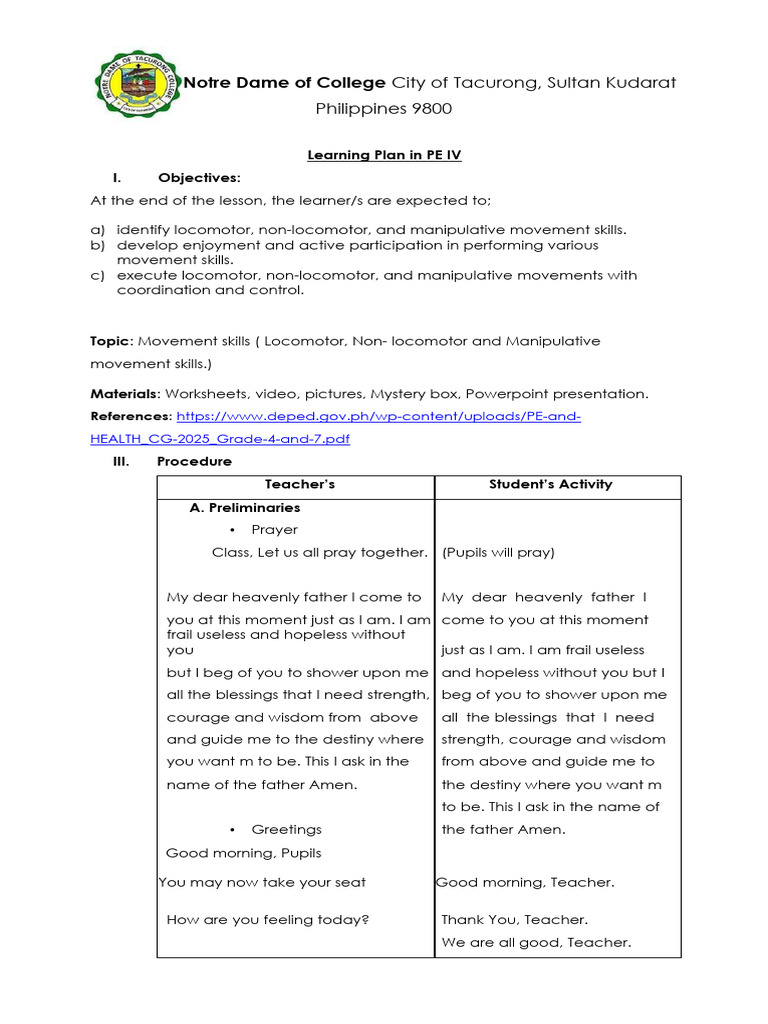 DLP in PE Movement Skills | PDF | Learning