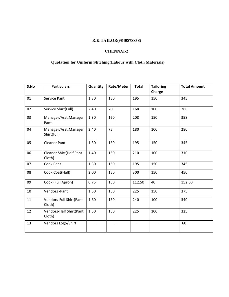 Uniform Stitching Quotation - R.K Tailor | PDF