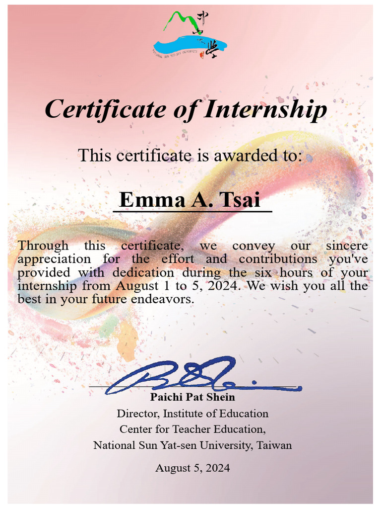 Emma A. Tsai 實習時數感謝狀 | PDF