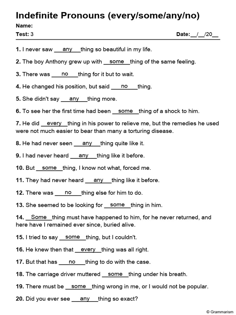 Indefinite Pronouns Practice Test | PDF