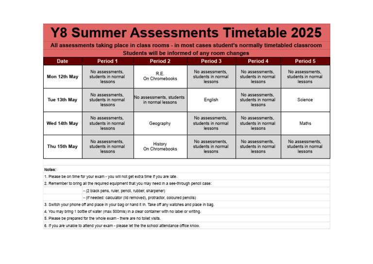 Y8 May Assessments Timetable 2025 - Timetable | PDF | Graphite