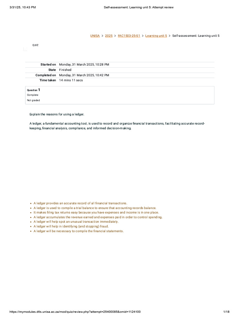 FAC1503 - Self-Assessment - Learning Unit 5 - Attempt Review | PDF | Debits And Credits | Expense