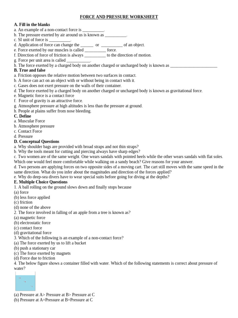 Viii Sci L08 M02 Force and Pressure Worksheet | PDF | Force | Pressure