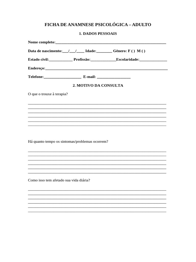 Ficha de Anamnese Psicológica | PDF | Psiquiatria | Psicologia Anormal