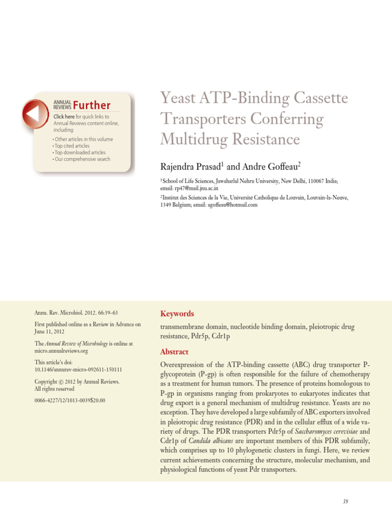 ABC Transporters in Yeast and Multidrug Resistance | PDF ...