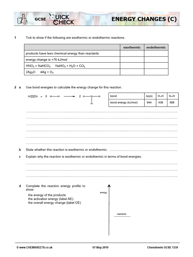 Chemsheets GCSE 1339 QC Energy Changes C | PDF