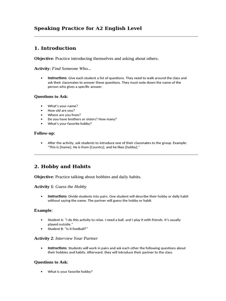Speaking Practice For A2 English Level | PDF | Question