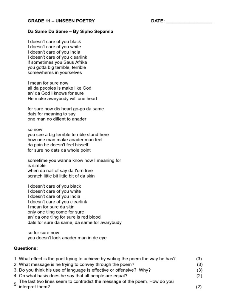 Analysis of "Da Same Da Same" Poem | PDF