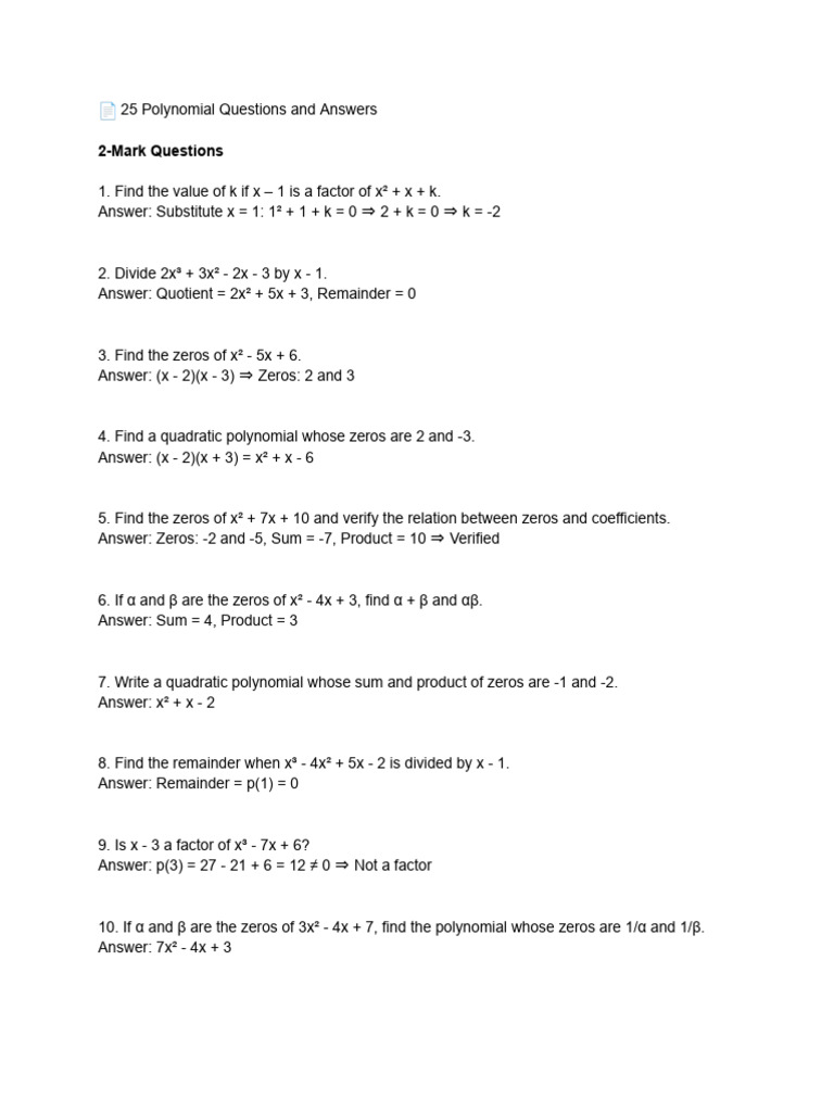 ? 25 Polynomial Questions and Answers | PDF | Factorization | Polynomial