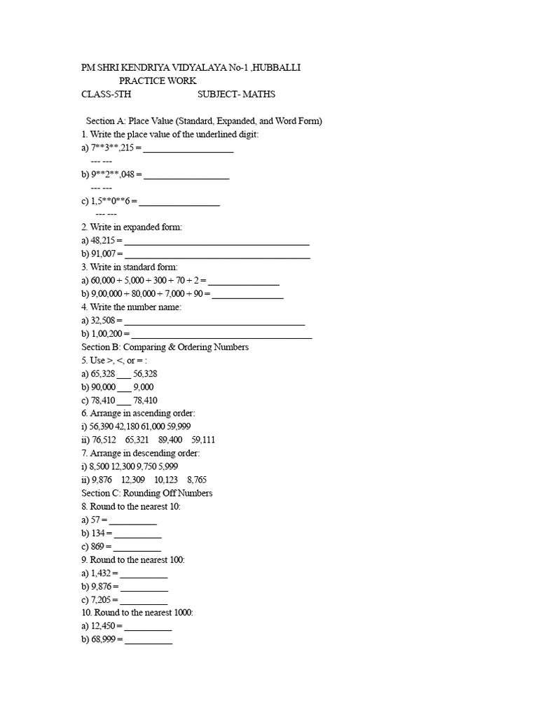 Class 5th Maths Practice Work | PDF