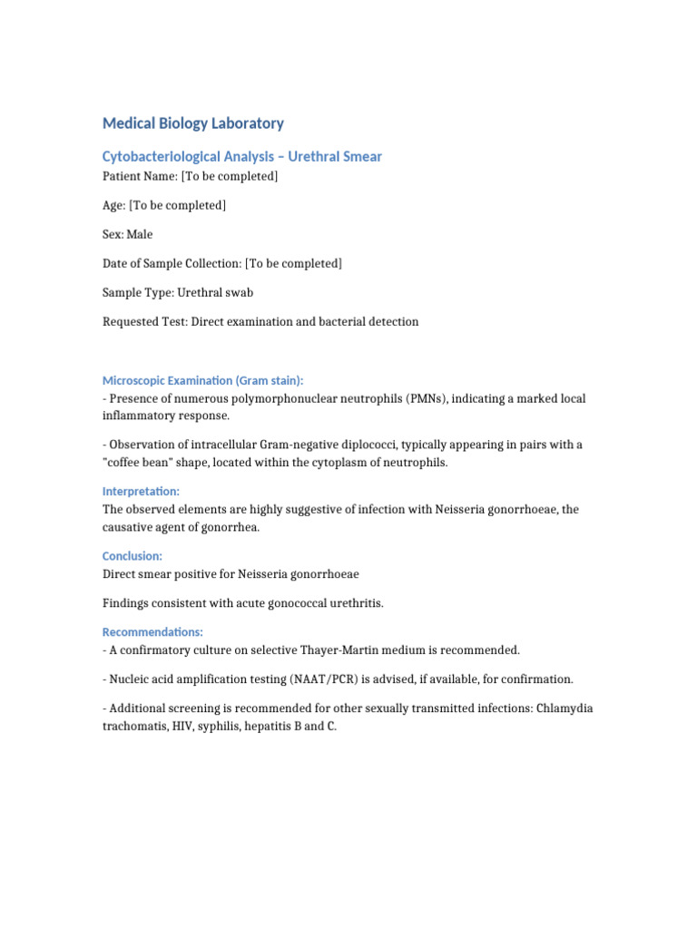 Urethral Smear Analysis for Gonorrhea | PDF