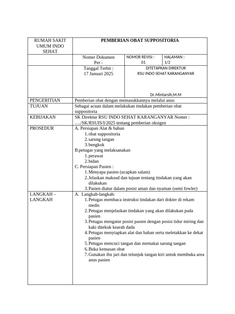 Sop Pemberian Onat Suposituria (Tias) | PDF