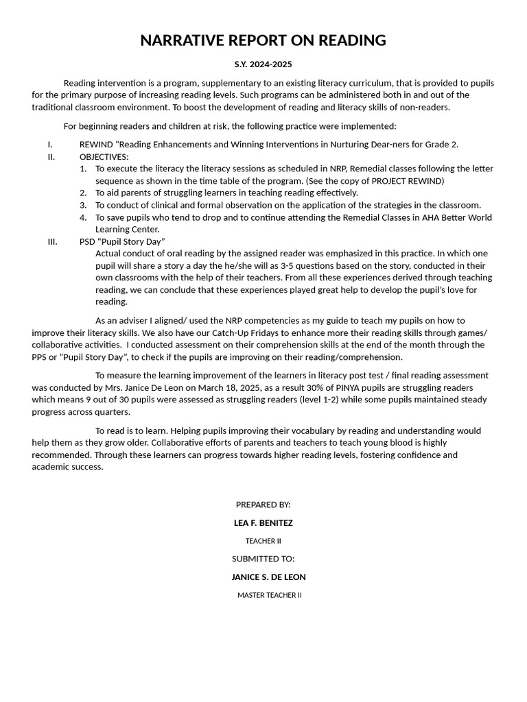 Narrative Report on Reading Intervention 2025 | PDF | Reading ...