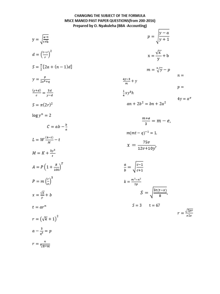 Changing The Subject of The Formula | PDF | Mathematics | Mathematical Notation