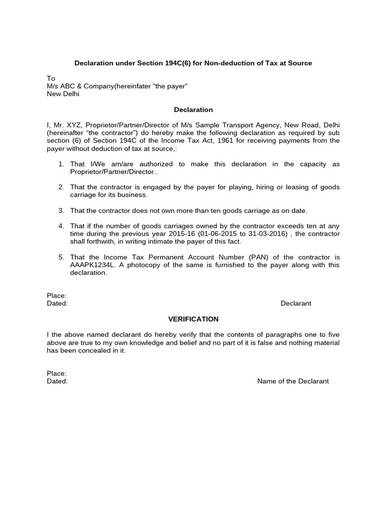 Declaration Us 194C Format2 | PDF