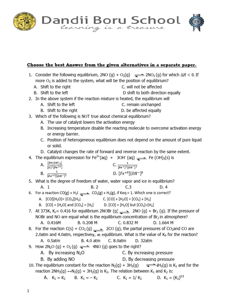 Grade 12 Chemistry Equilibrium Worksheet | PDF | Reaction Rate ...