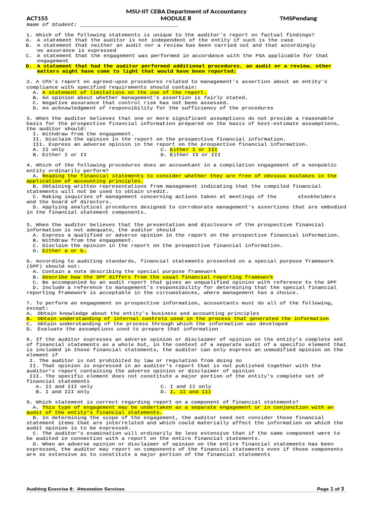ACT155 Module 8 Exercise For Upload | PDF | Audit | Auditor's Report
