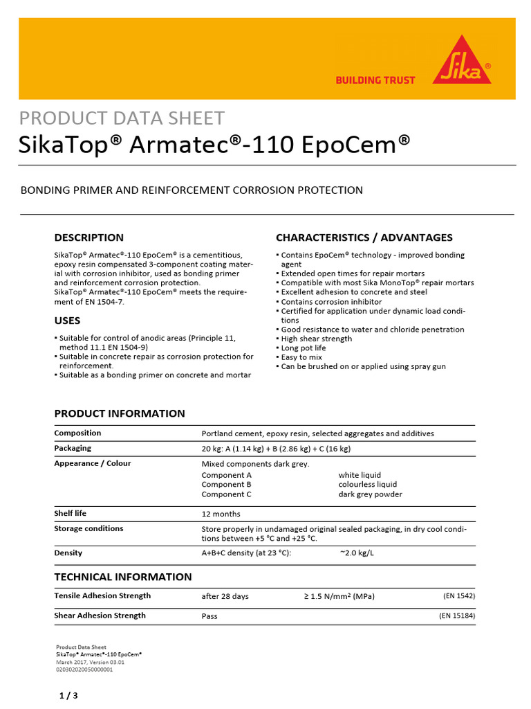 SikaTop Armatec-110 EpoCem Data Sheet | PDF | Concrete | Corrosion