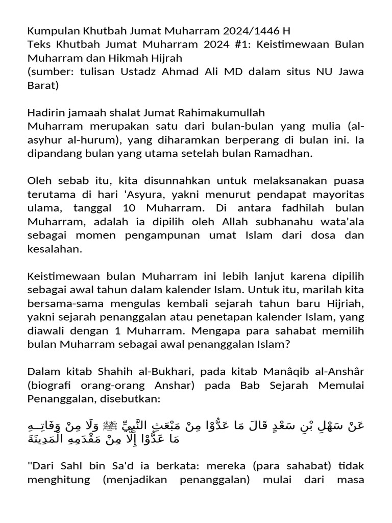 Kumpulan Khutbah Jumat Muharram 2024 darim | PDF