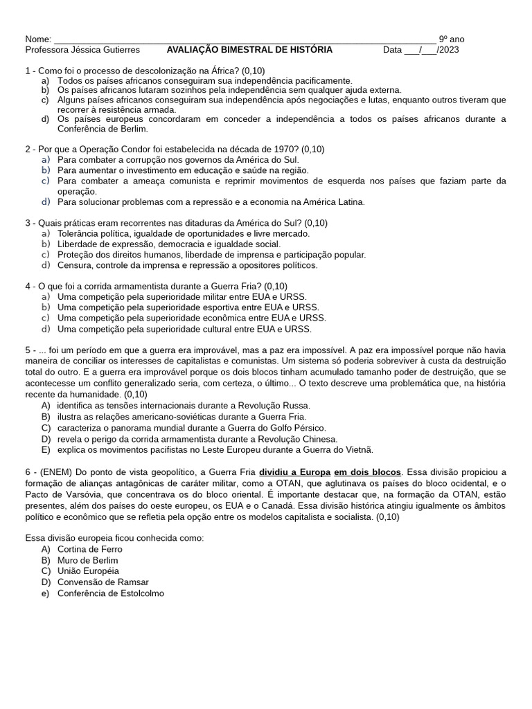 Prova Bim Hist 9º Ano 4ºbim | PDF | Guerra Fria | Política mundial
