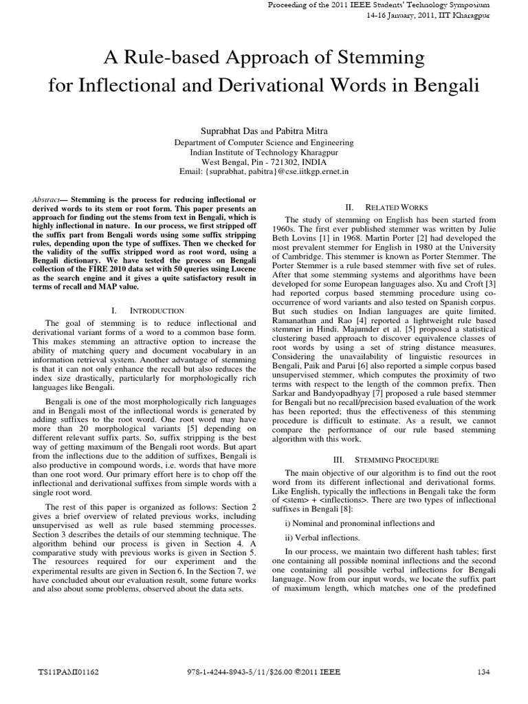 A Rule-Based Approach of Stemming For Inflectional and Derivational Words in Bengali | PDF ...