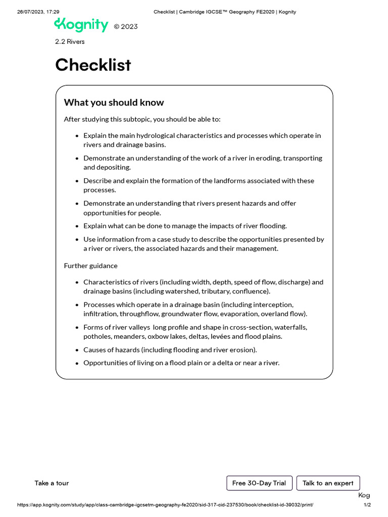 Checklist - Cambridge IGCSE™ Geography FE2020 - Kognity | PDF | River ...
