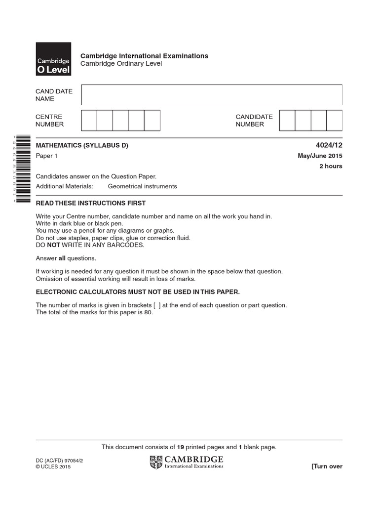 Cambridge O Level Mathematics Paper 1 | PDF